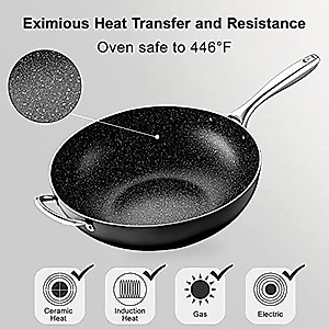 CSK Stir Fry Pan - Wok Pan with Lid, Nonstick Frying Pan with Ergonomic Handle and Flat Bottom, APEO & PFOA-Free Stone-Derived Non Stick Coating,14inch, Black & Gray Black(14 inch)