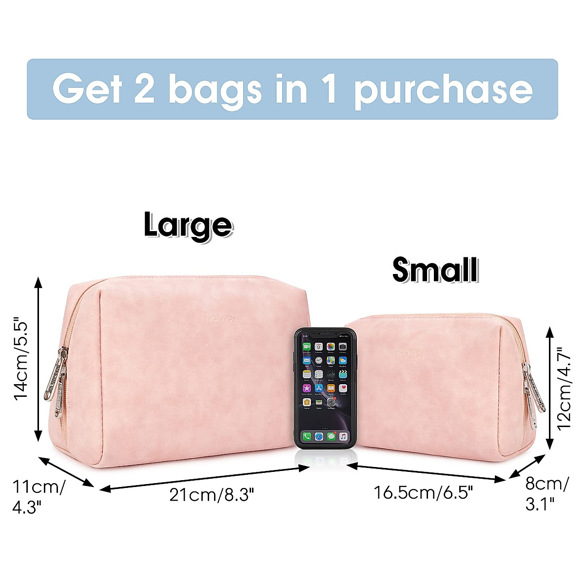 2 Pack Vegan Leather Makeup Bag Zipper Pouch Travel Cosmetic Organizer for Women (Large (Pack of 2), Orange Pink)