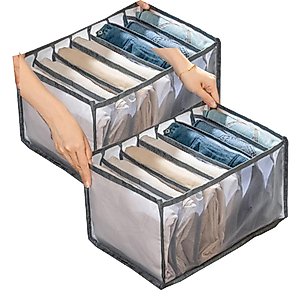 2pcs Wardrobe Clothes Organizer Foldable Transparent Grid Storage Box with Multiple Layers, Portable Washable Storage Containers for Underwear, Socks, Leggings, Skirts, T-shirts, Jeans (GRAY, Medium)