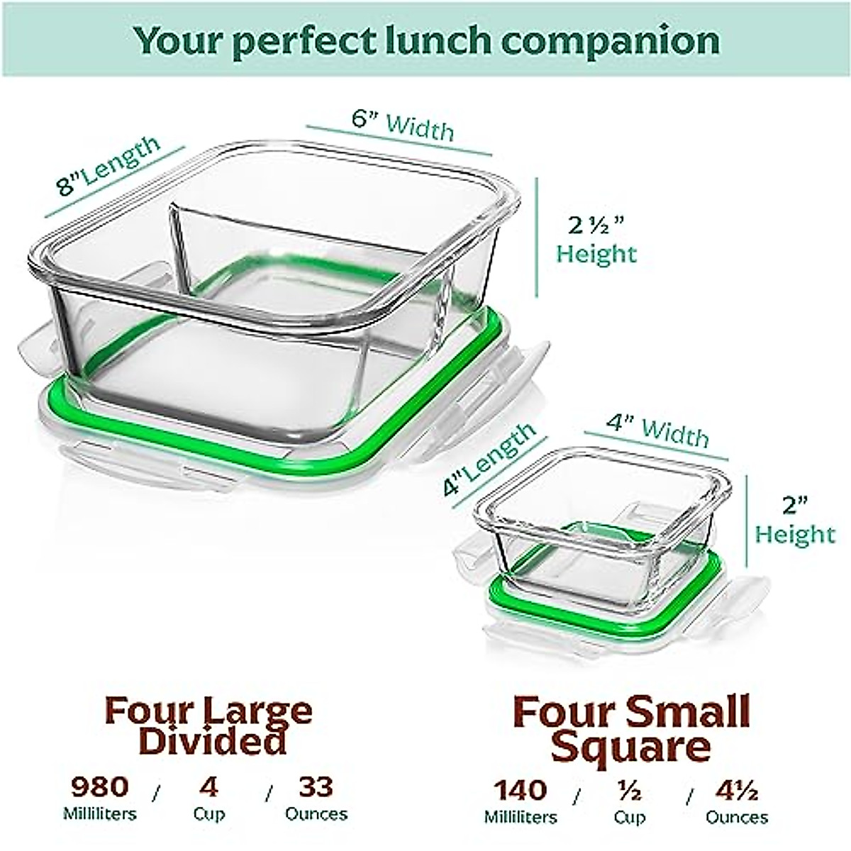 Fusion Gourmet Nestable Divided Glass Meal Prep Containers, 2 Compartment with Condiment container [4x 4 cup & 4x 1/2 cup] Airtight, Leak proof, Microwave Safe for Portion Control (Green)