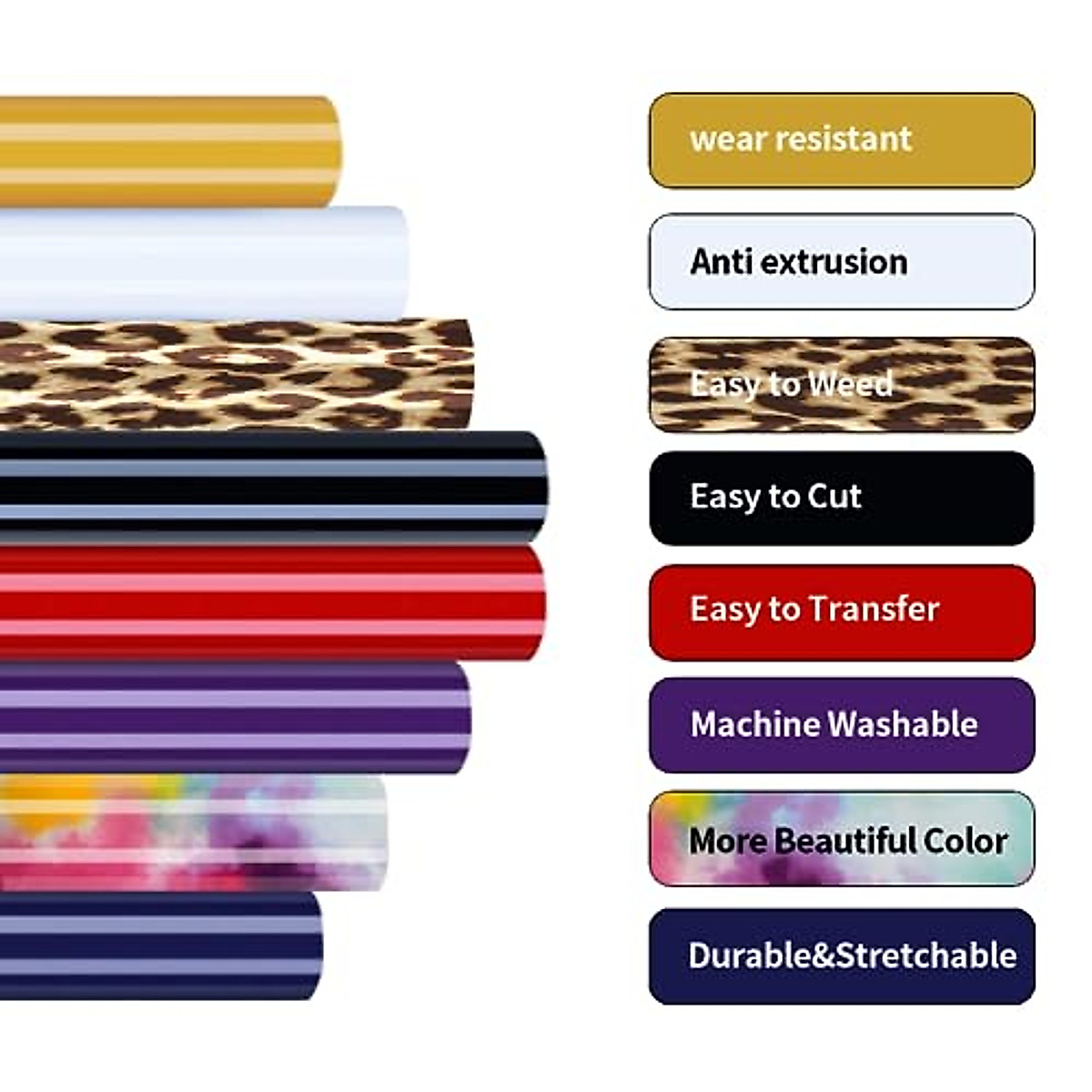 HTV Heat Transfer Vinyl Bundle (8 Packs) - 6 Packs 12" x3.3FT and 2 Packs 9.8" x 3.3FT HTV Vinyl Rolls for T-Shirt, Halloween Vinyl for T-Shirts Fabric DIY Craft