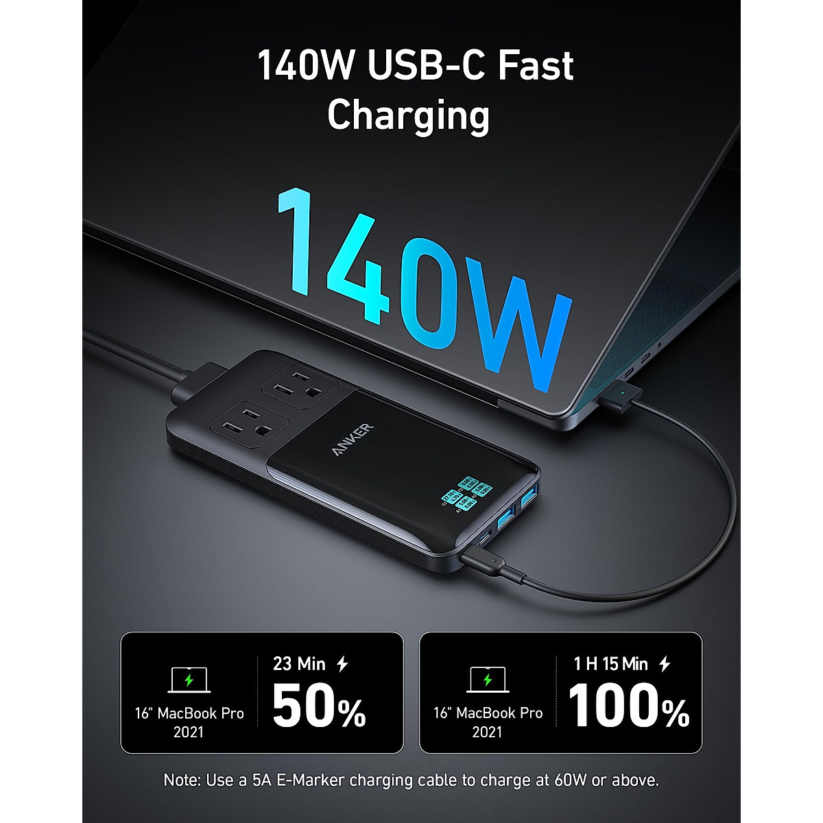 Anker Prime 6-in-1 USB C Charging Station, 140W Compact Power Strip for Work and Travel, 5 ft Detachable Extension Cord with 6 Ports, for iPhone 15/15 Plus/15 Pro/15 Pro Max(Non-Battery, Non-Wireless)