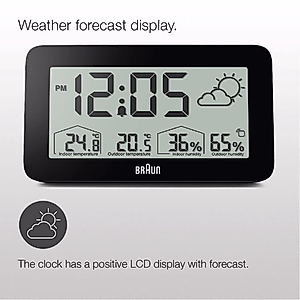 Braun Digital Weather Station Clock with Indoor and Outdoor Temperature and Humidity, Forecast, LCD Display, Quick-Set, Crescendo beep Alarm in Black, Model BC13BP.
