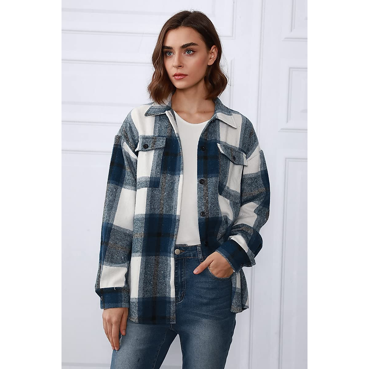Trendy Queen Womens Casual Plaid Shacket White Button Down Shirt Long Sleeve Shirts Fall Jacket Shackets,Blue