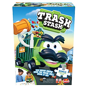 Goliath Trash Stash Game w/ 24pc Puzzle - Fill Trashcan, Watch It Dump Into Garbage Truck Or Truck Chucks It Up - Includes 24-Piece Puzzle