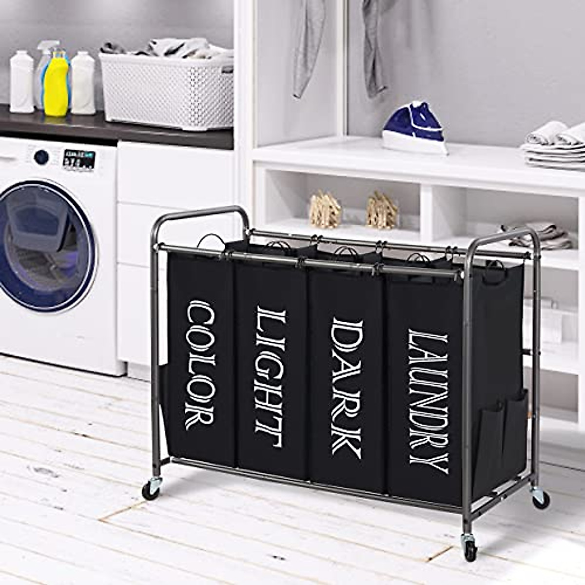 STORAGE MANIAC Laundry Sorter, Laundry Divider with Side Pockets, Multi Laundry Separator Hamper with Removable Bags and Rolling Lockable Wheels, Laundry Organizer Hamper, 4 Section Black