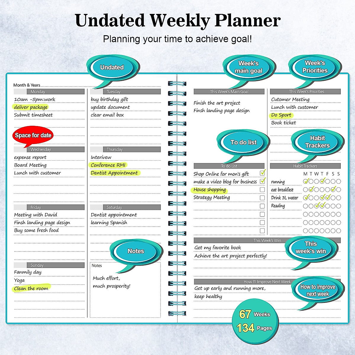 Planner, Asten Undated Weekly Planner Goal Planner Notebook, To Do List Planners Spiral Planner for Men and Women,PVC Hardcover,Elastic Closure, Inner Pocket 8.3" x 5.8" (Black)