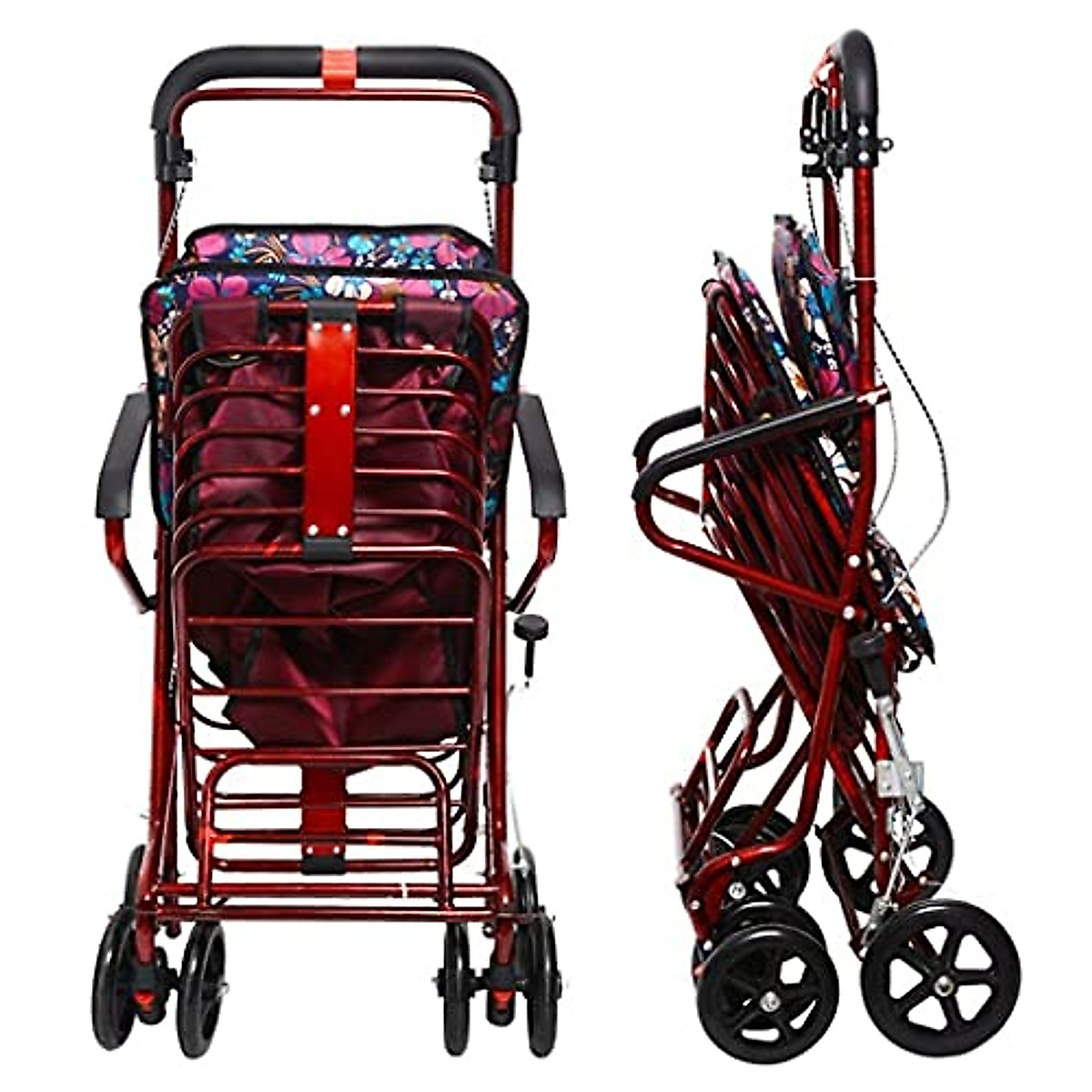 Shopping Trolley on Wheels Multi Function Shopping Cart The Elderly Cart Little Pull Car Elderly Wheelbarrow Can Push to Sit Foldable Walker Four Scooter Storage Hand Trucks,Gold Flower ,