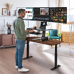 AVLT Triple 32" Monitor Electric Standing Desk Converter with Huge Keyboard Tray Extra Large 28"x 16" Spacious Tabletop Motorized Automatic Height Adjustable Sit to Stand Table Sturdy Small Footprint