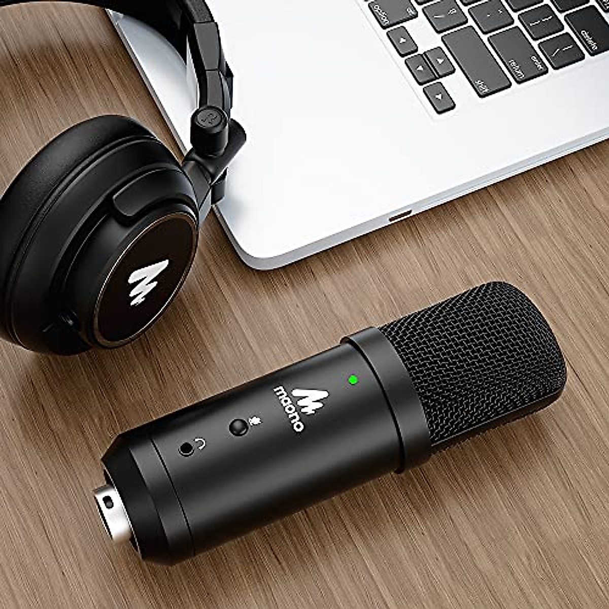 MAONO USB Podcast Microphone with Headphone Set, Zero-Latency Monitoring Computer Condenser PC Mic 192KHZ/24Bit with Mute Button for Recording, Voice Over, Streaming（AU-PM401H）
