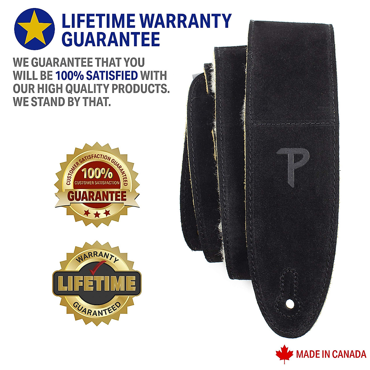 Perri's Leathers, Suede Guitar Strap, Sheepskin Pad, Black, Anti-Slip, Classic, Suitable for Each Level, Extra Long, 41" to 56" Inches Compatible with All Button Lock Systems