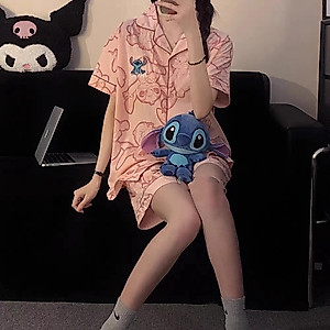 kwaya Women's Cotton Pajamas - 3Pcs Sets, Cute Cartoon Print Sleepwear - Soft Button Up Short Sleeve Shirt with Casual Long Pants & Short Lounge Sets Pink