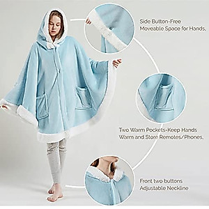 Degrees of Comfort Angel Wrap Wearable Hooded Blanket | Sherpa Lining Poncho Blanket with Hood and Pockets | Soft Plush Fleece Throw Blanket Cape | Cozy Blanket Shawl for Adults/Women Gift, Sky Blue