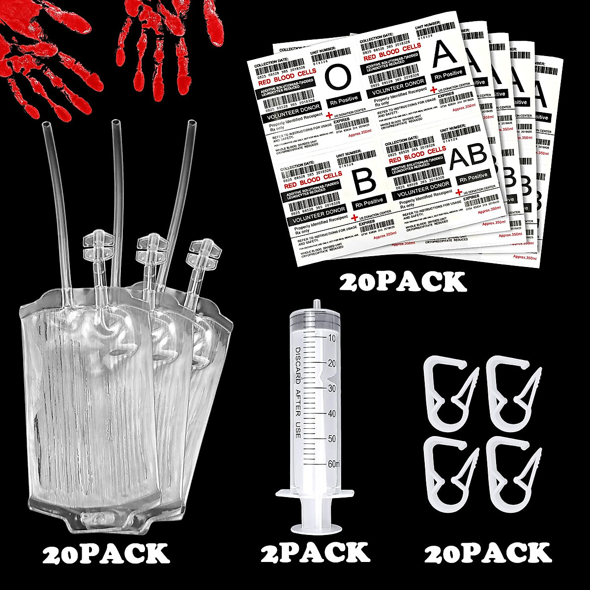 Kannove Halloween Blood Bags for Drinks 20 Pack,Reusable Iv Pouches with Syringe & Clips,Halloween Vampire Spooky Party Favors Supplies for Kids & Adults,Decorations for Nurse Graduation Birthday Bar