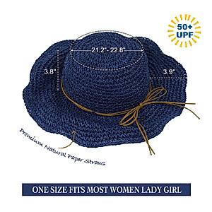 Women Sun Hat Wide Brim Floppy Beach Hat Crochet Straw Hat Breathable UV UPF 50+ Summer Hat Foldable Packable Travel Outdoor Cap Navy Blue