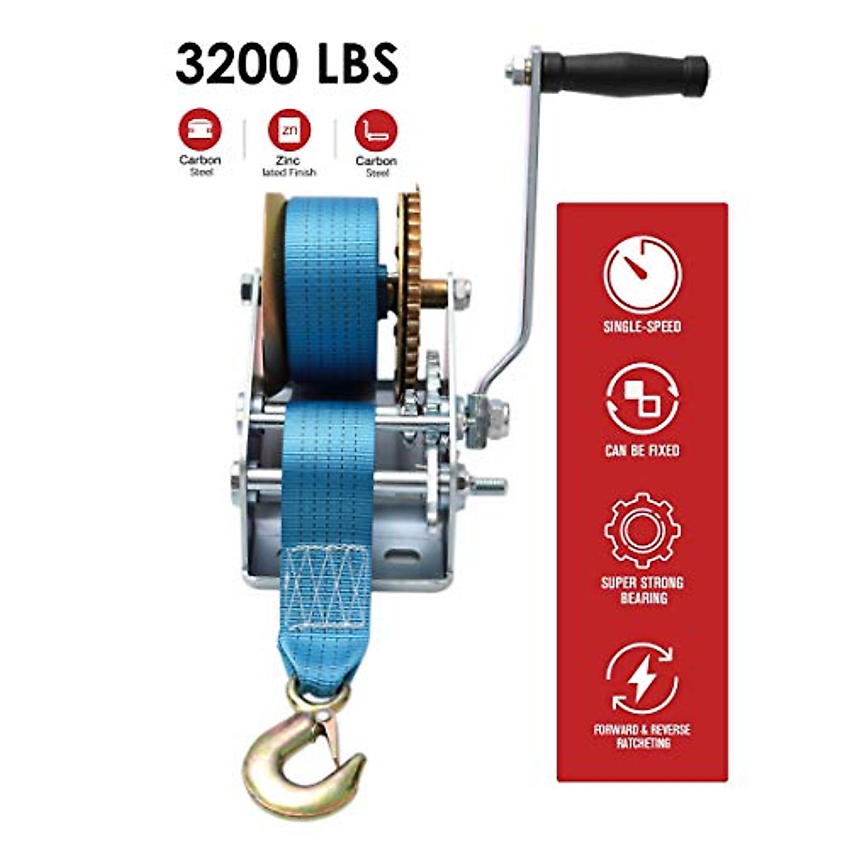 G Ganen 3200lbs Polyester Strap 2 Gear Hand Winch Hand Crank Gear Winch ATV Boat Trailer