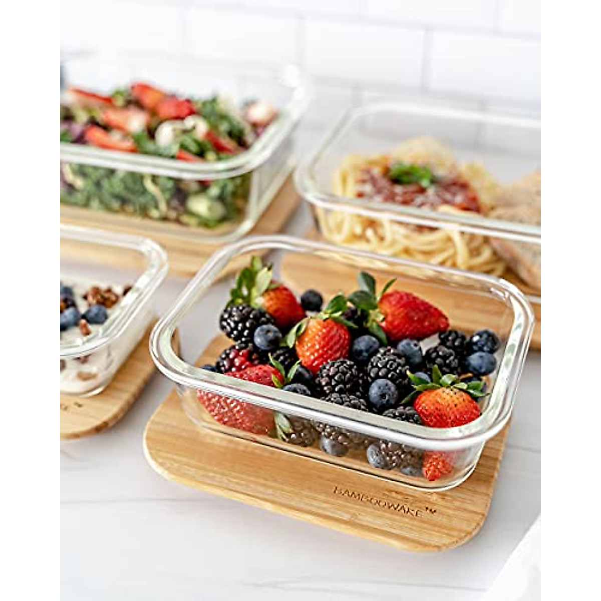 Bambooware Glass Containers with Lids | Non Plastic Glassware Set - Natural Raw Organic Wooden Bamboo Lids | Set of 4 | Reusable, BPA Free | Perfect for Meal Prep, Lunch, Leftovers, Kitchen