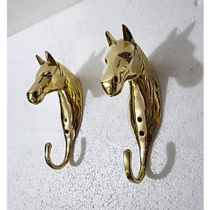 Brass Horse Head Wall Mount Hooks Set of 2 Pieces Sculpture Unique A Excellent Item for Home | Office | Restaurant Decorative Item Statue Coat Hook by INDIAART12