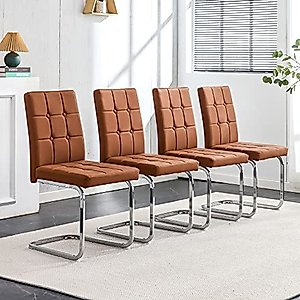 JUFU Modern Dining Chairs Set of 4，Upholstered PU Leather Kitchen Dining Room Chair with Inset Buttons C-Shaped Tube Plating Metal Legs ，for Dining Room Office Living Room Lounge Dresser Patio Club