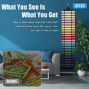 Pamacro Vinyl Roll Holder with 48 Compartments, Premium Vinyl Storage Organizer Rack Wall Mount/Hanging Over The Door, Craft Vinyl Roll Storage with Upgrade Door Hooks and Strap for Craft Room(Black)