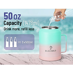 DLOCCOLD 50 oz Mug Tumbler with Handle and Lid, Large Insulated Tumbler with Straw, Reusable Stainless Steel Big Tumbler, Double Wall Metal Travel Jug Water Bottle, Sweat-proof, Dishwasher Safe