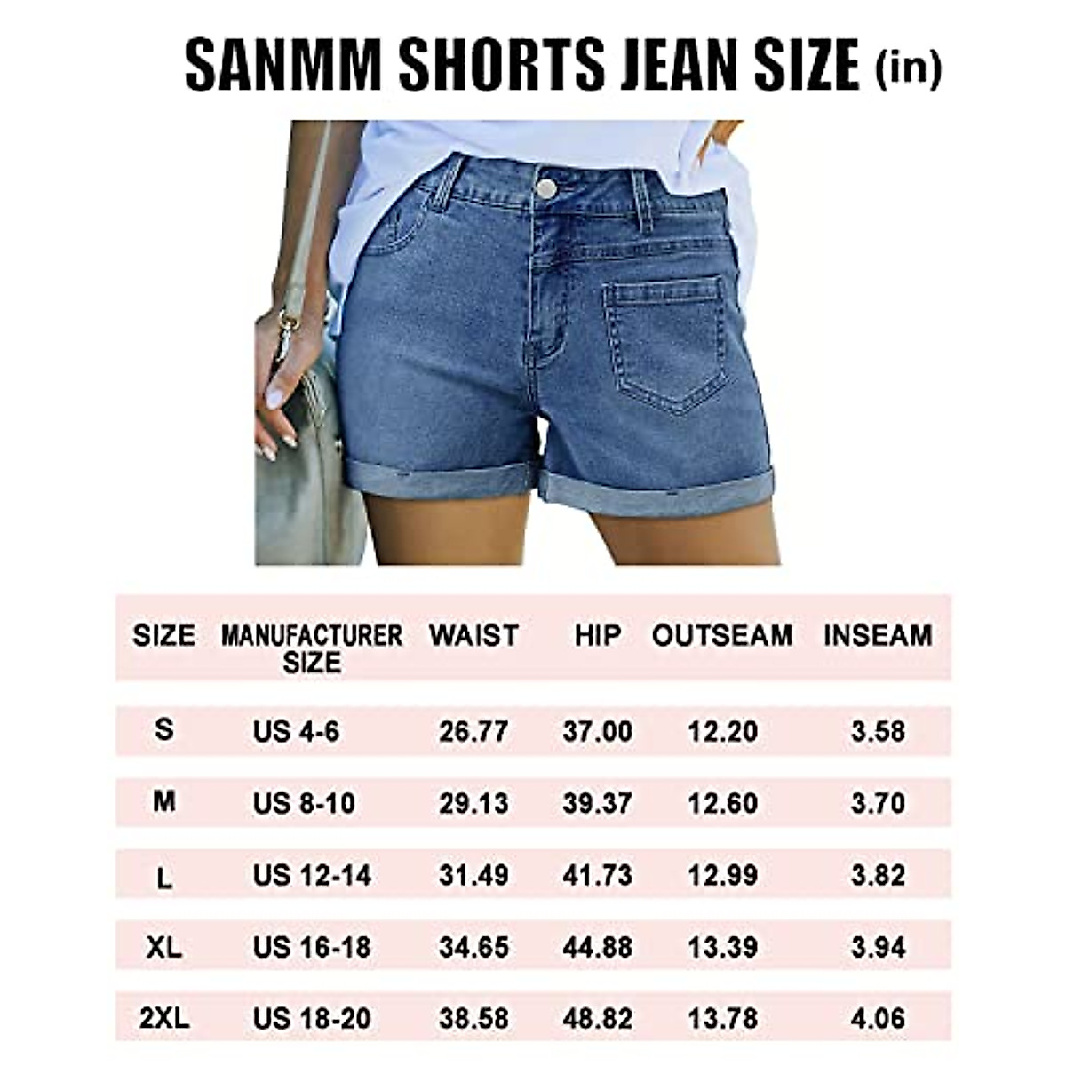 Women Folded Hem Shorts Distressed Elastic Waist Casual Short White Jean Shorts for Juniors XL