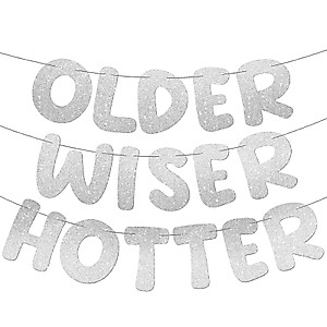 Fulmoon Set of 3 Pre Strung Older Wiser Hotter Glitter Banner Funny Birthday Banner for Women 30th 40th 50th 60th 70th 80th Birthday Party Decorations Sign Gift(Silver)