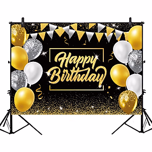 5x3ft Happy Birthday Backdrop Yellow Silver Balloon Banner Decorations for Large Family Gathering Yard Sign Backgroud for Men Women Boys Girls Party Indoor Outdoor Poster Decor Supplies