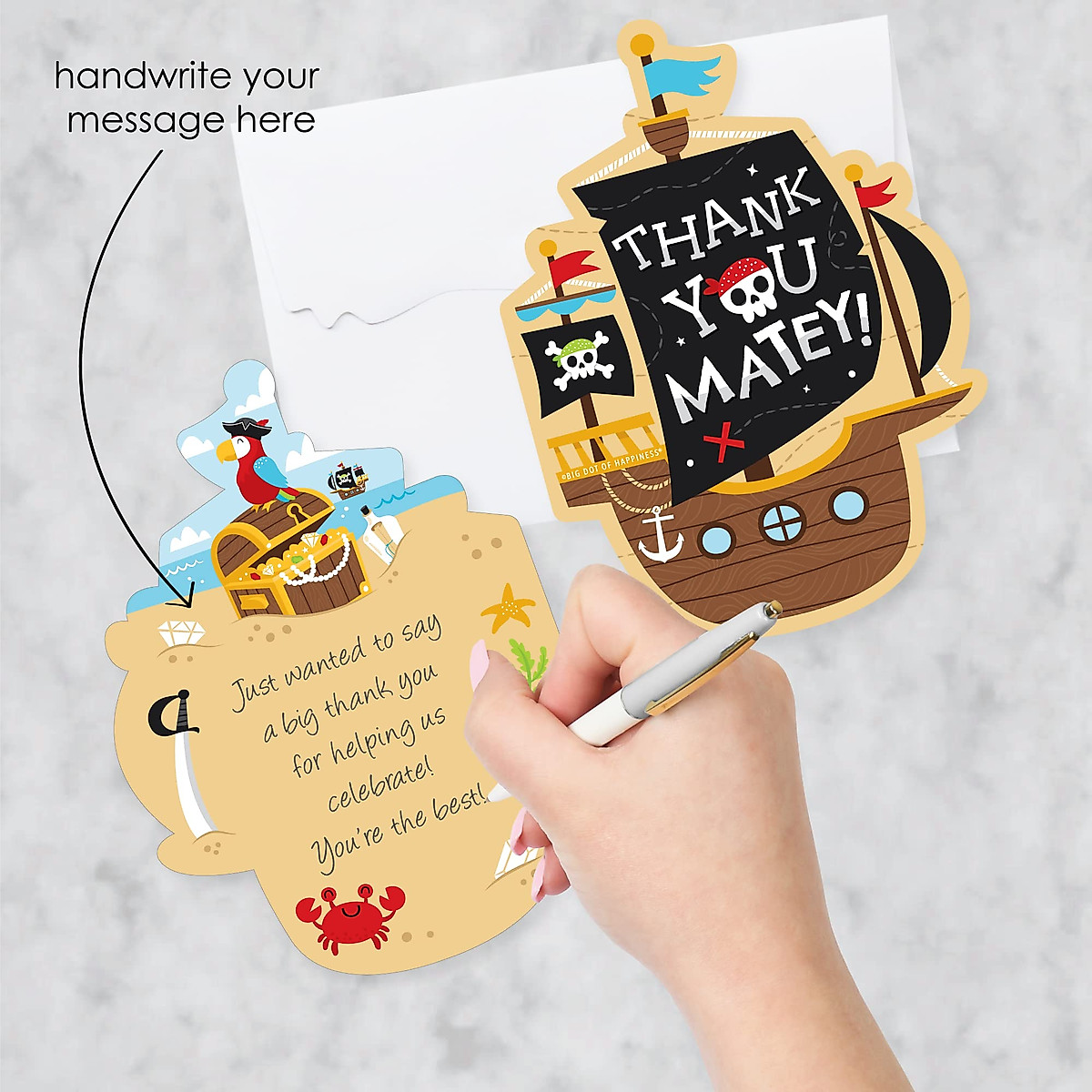 Big Dot of Happiness Pirate Ship Adventures - Shaped Thank You Cards - Skull Birthday Party Thank You Note Cards with Envelopes - Set of 12