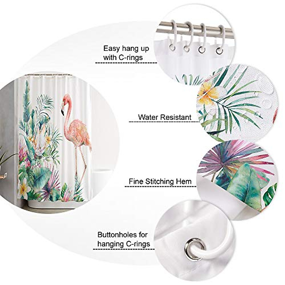 Shower Curtain, Summer Flamingo Washable Shower Curtain with Hooks Bath Decor Fabric Shower Curtains for Bathroom, Hotel, Stalls, Bathtubs, 36x72 in