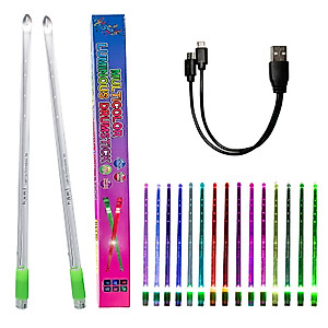 Hami LED Light up Drum sticks, 15 Color Changing Drumsticks, Support USB Charging with Opening Key, PC Polymer Material, Durable Professional Musical Practice for Kids Adults (2pcs / Pack)