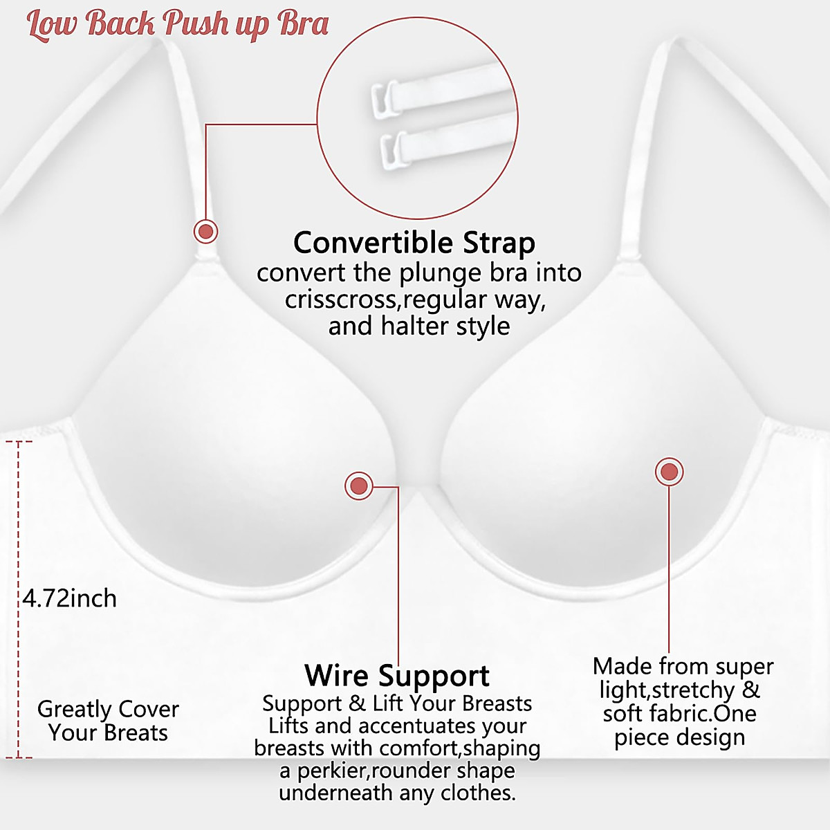 ForBaysy Low Back Bras for Women Push Up Deep V Neck Backless Bra,Low Cut Multiway Convertible Bra Wire Lifting Bralette White