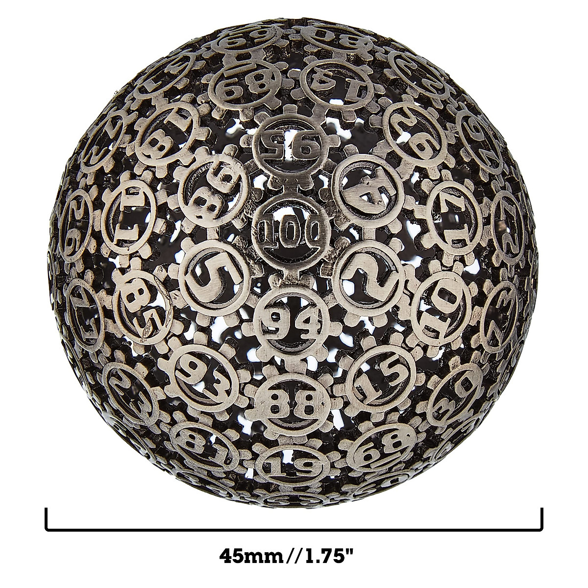 Clockwork Hollow d100 Polyhedral Dice in Protective Case - Giant 45mm Metal 100 Sided Die with Steampunk Gears - Premium Novelty Tabletop RPG Fantasy Accessory Roleplaying Games DND (Ancient Silver)
