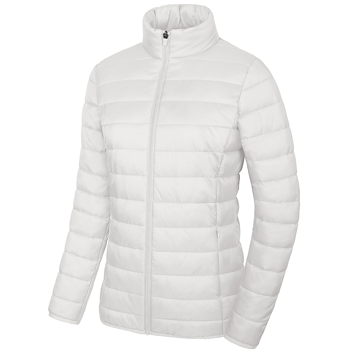 MAGCOMSEN Women's Puffer Jacket Ultra-lightweight Quilted 4 Pockets Full Zip Stand Collar Jackets Winter Warm Coat, White S