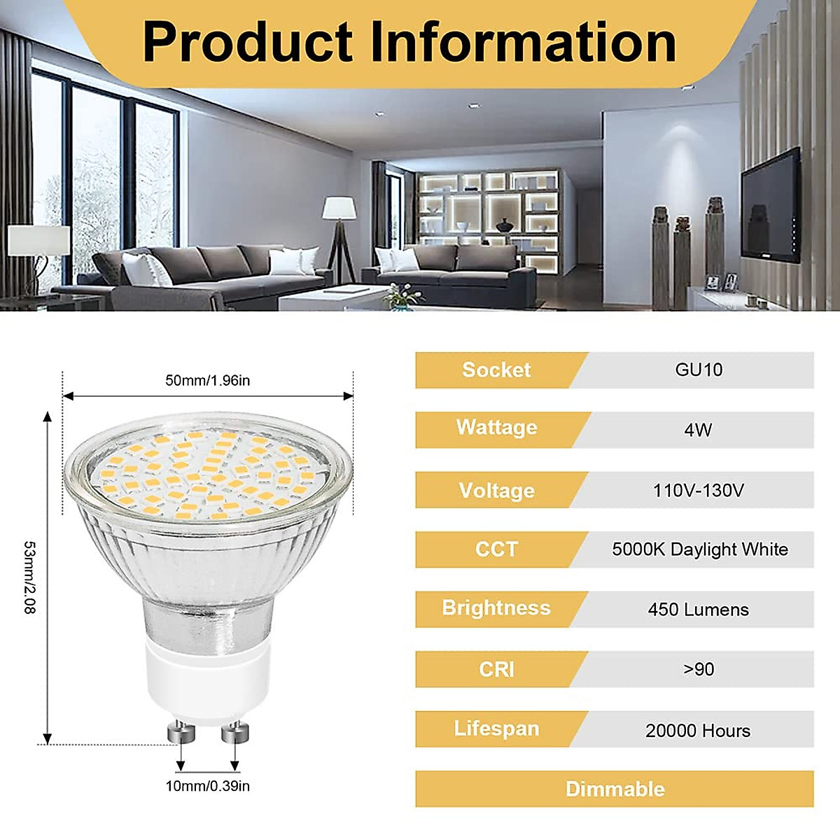 GU10 LED Light Bulbs Dimmable Daylight White 5000K 4W 2 Prong Light Bulbs Halogen Replacement Lamp 50W 40W MR16 (GU10 Base) Spotlight Track Lighting Bulb, 450LM 120° Flood Beam Angle, Pack of 6