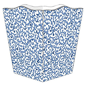 Marye-Kelley Blue Waverly Scroll Handmade Wood Wastepaper Basket Scalloped Top, Decoupage Wastebasket for Bedroom, Bathroom, Office, Kitchen, Made in The USA
