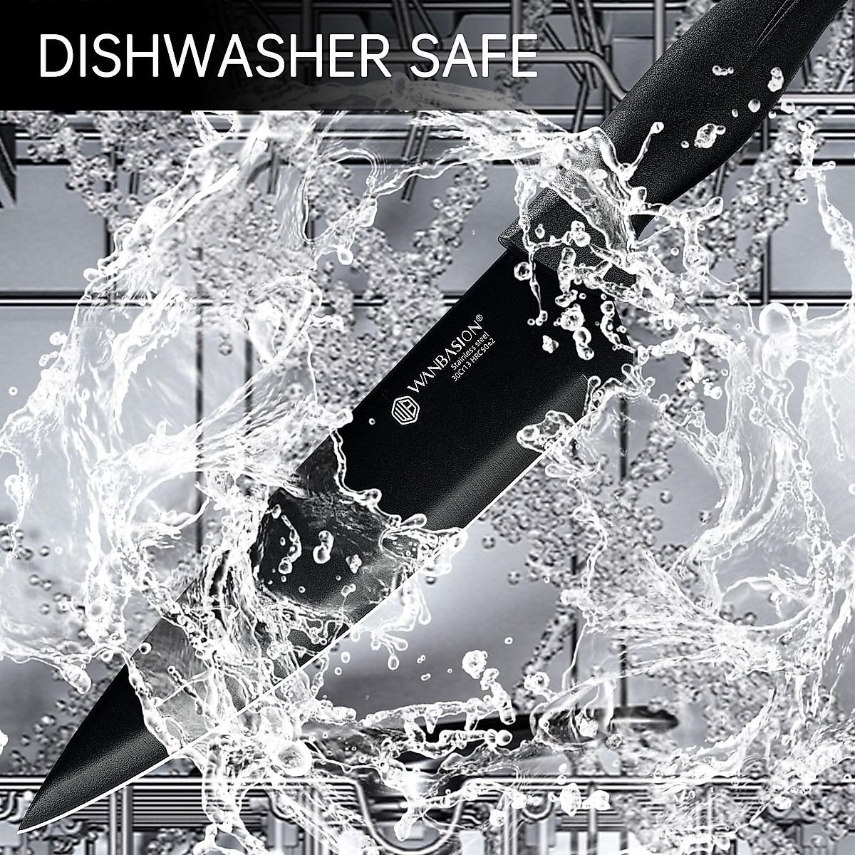 Wanbasion 15Pcs Kitchen Knife Block Set with Sharpener, Sharp Kitchen Knives Set with Block, Stainless Steel Knife Set with Block Dishwasher Safe Black