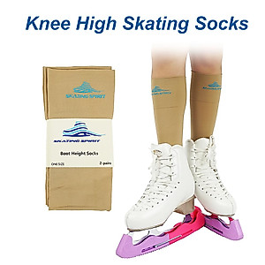 SkatingSpirit Figure Skating Socks (2 Pairs), Knee high, Extra wide cuff band non-slipping (Beige)