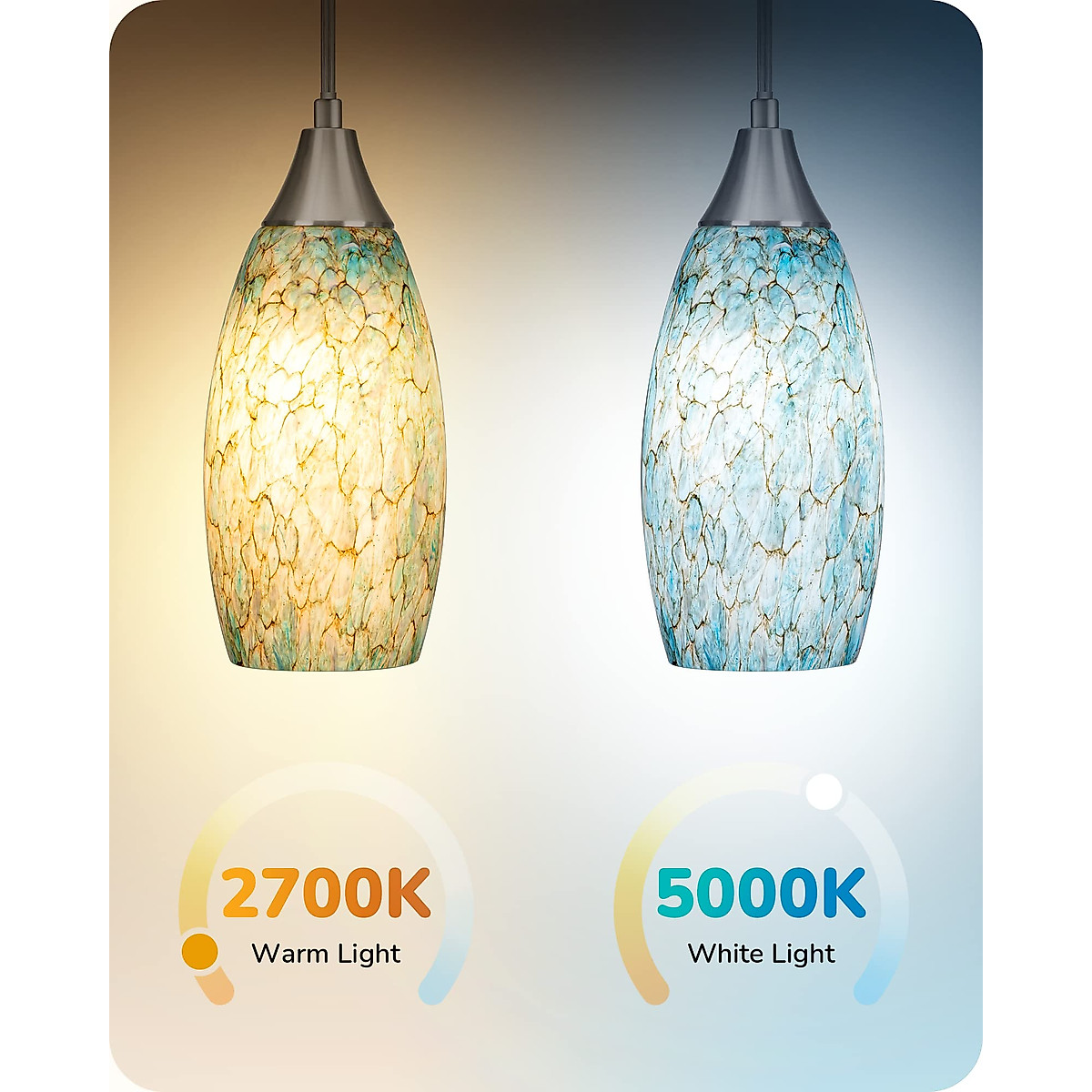 DEWENWILS EDISHINE Plug in Pendant Light, Hanging Light with15FT Adjustable Cord, On/Off Switch, Handcrafted Art Glass Shade, Hanging Light Fixture for Kitchen, Bathroom, Entryway, Light Blue