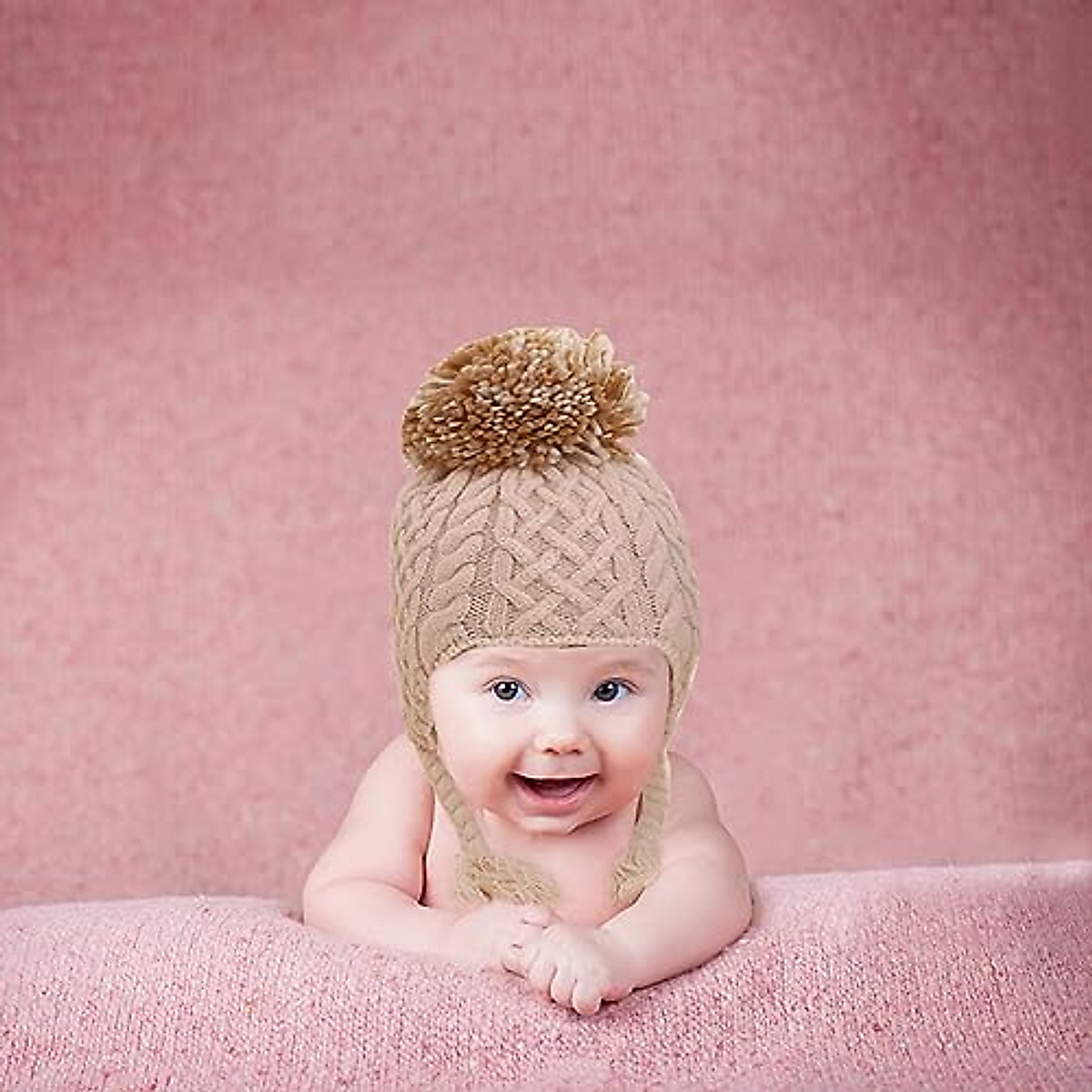 Baby Winter Beanies Cold Weather Hats Knitted Wool Pompom Hat Ear Flap Fleece Lined Beanie Hat for Newborn Baby 0-24M