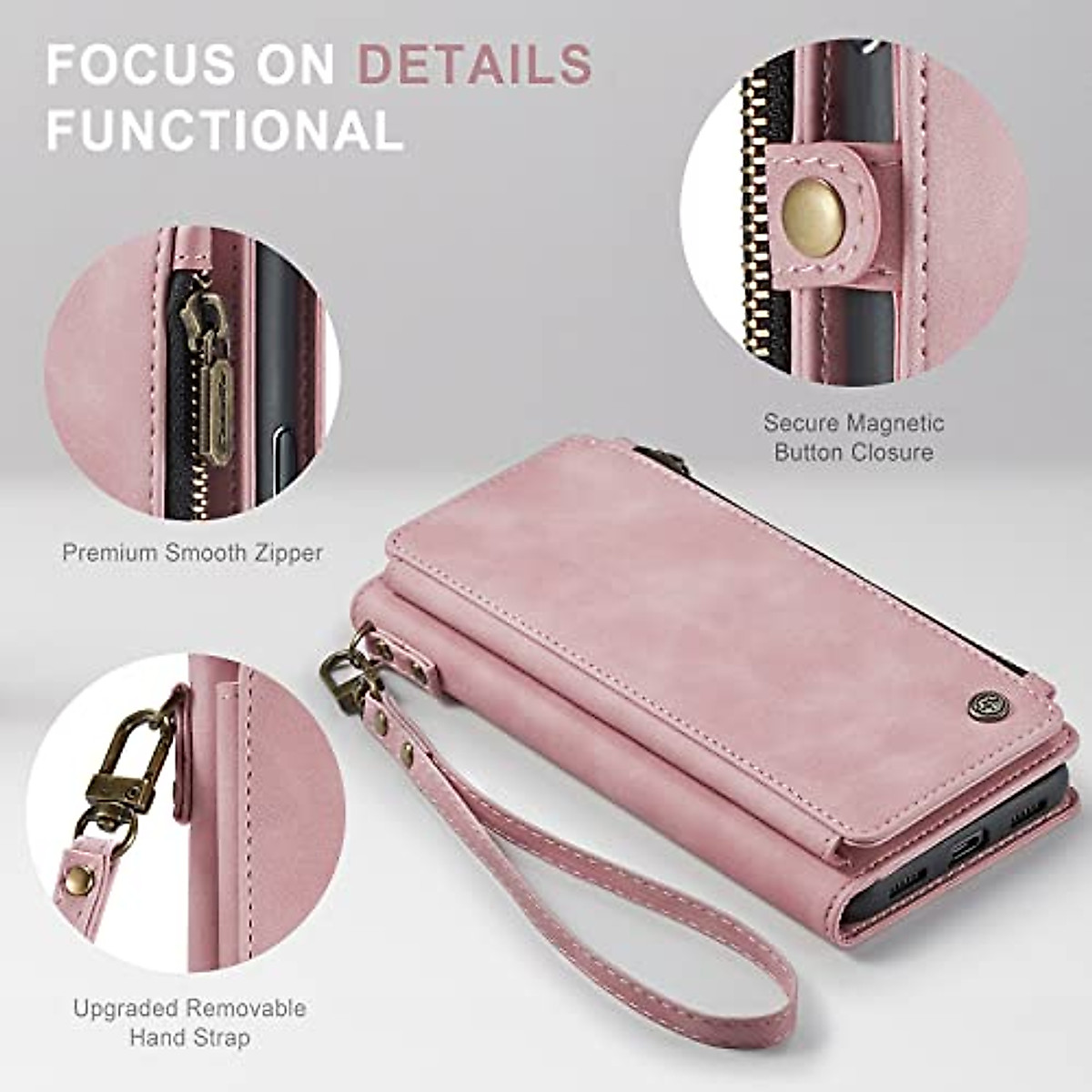 Defencase iPhone 11 Pro Wallet Case - Durable Leather, Magnetic Flip, Lanyard Strap, Zipper Card Holder, 5.8" - Rose Pink