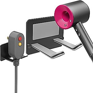 Adhesive Hair Dryer Holder Wall Mount - Adhesive Bathroom Vanity Blow Dryer Holder Organizer Compatible with Dyson Hair Dryers (Black)