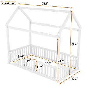 P PURLOVE Twin Size Floor House Bed Frame,Wood Montessori Floor Bed Frame with Fence for Boys,Girls,White