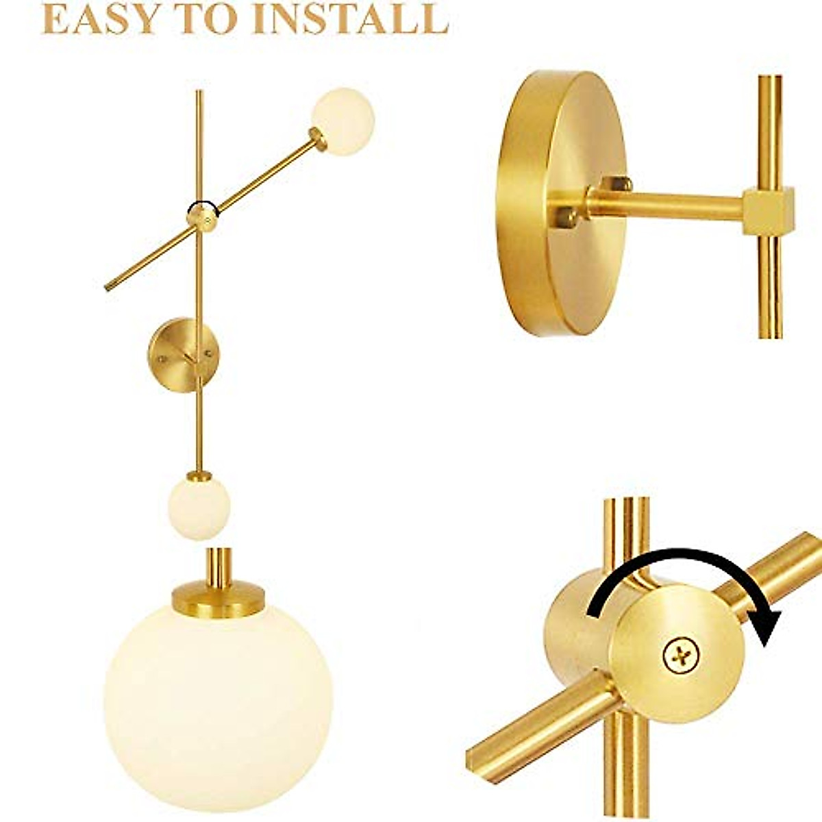BAODEN Modern 2 Lights Globe Wall Sconce Industrial Wall Lamp with G4 Bulb Mid Century Rotatable Light Fixture Brushed Brass Finished with White Globe Glass Lampshade (Gold Color)