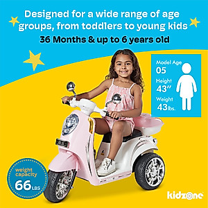 Kidzone Ride On Motorcycle Toy 3-Wheel Battery Powered Motorbike for Kids with Music, Headlight, Horn, Storage Trunk, Key Switch for Boys & Girls - Light Pink