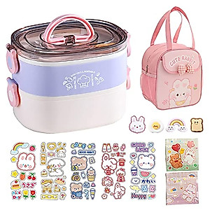 Paidideng Kawaii Bento Box Bento Lunch Box with Lunch Bag,Tableware,Biscuit bags,2 Layers Stacked Leakproof Cute Lunch Box,for Travel,Office,Gym. (purple)