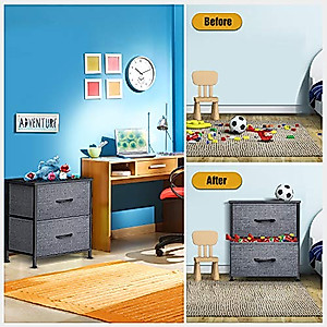 Yesker Nightstand with 2 Fabric Drawers - Sturdy Steel Frame, Small Dresser Storage Tower Organizer Unit for Child Room Bedroom Hallway Entryway Closets, Wide Wood Top, Easy Pull Handle Black Grey