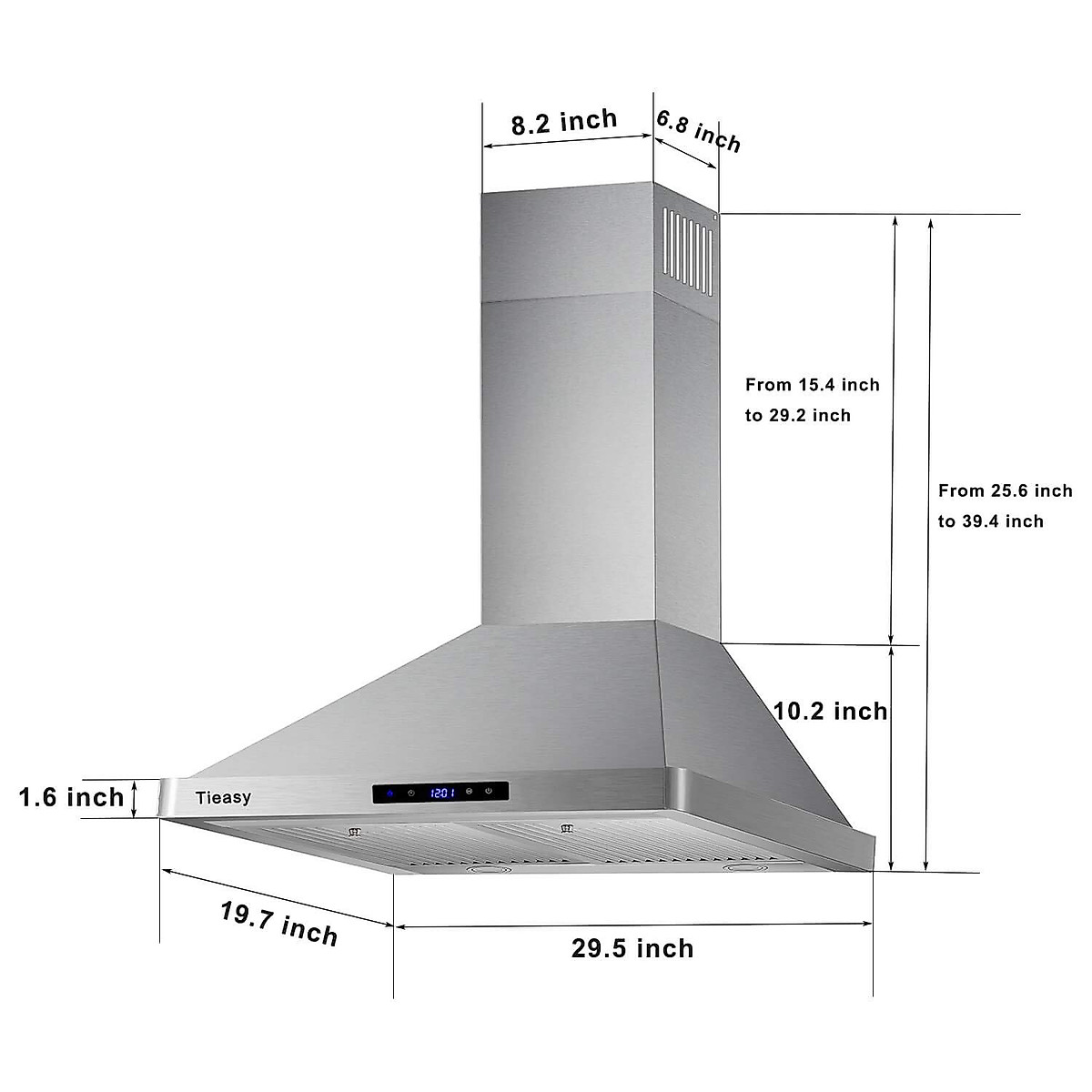 Tieasy Wall Mount Range Hood 30 inch Kitchen Hood 700 CFM with Ducted/Ductless Convertible Duct, Touch Control, Permanent Filters, Stainless Steel, 3 Speed Exhaust Fan, LED Light