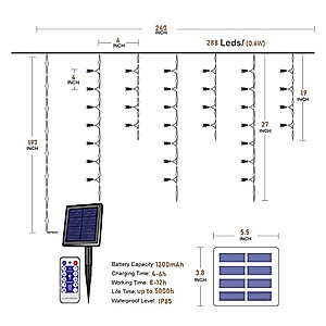FALUOS LED Solar Icicle String Lights 20Ft 288 LEDs Waterproof Extendable Christmas Curtain String Lights Decorations for Bedroom Patio Yard Garden Wedding Party(Warm White)