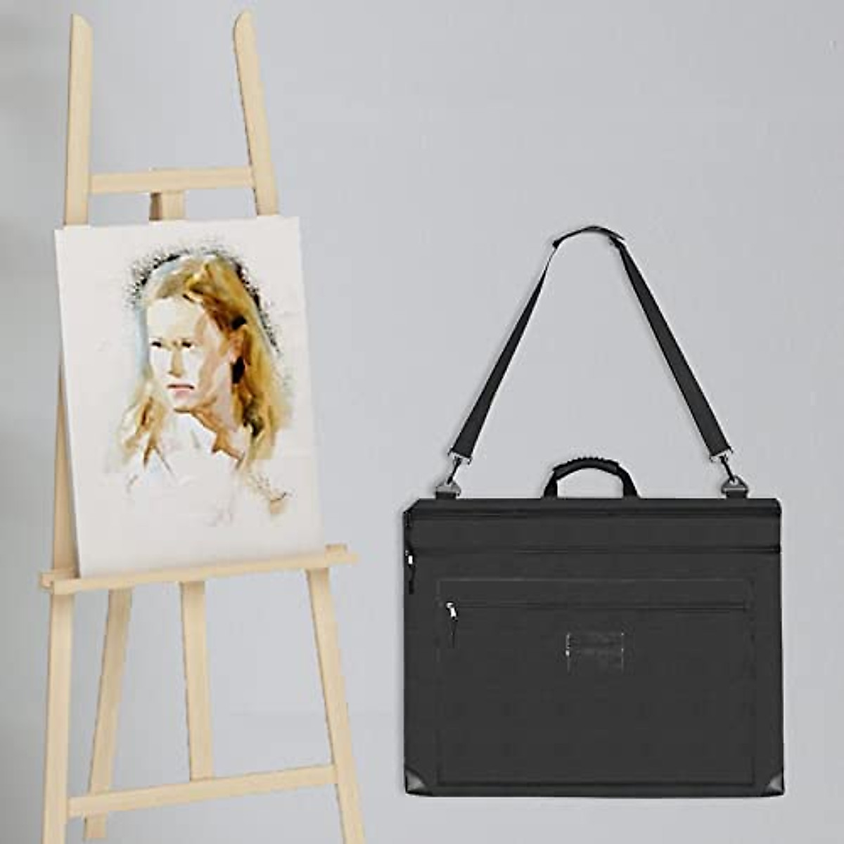 MEGREZ Art Portfolio Bag with Shoulder Strap, Portable Multi-purpose Art Portfolio Tote, 21" x 27" Waterproof Nylon Drawing Board Storage Bag, Sketch Board Bag for Drawing and Painting, Black